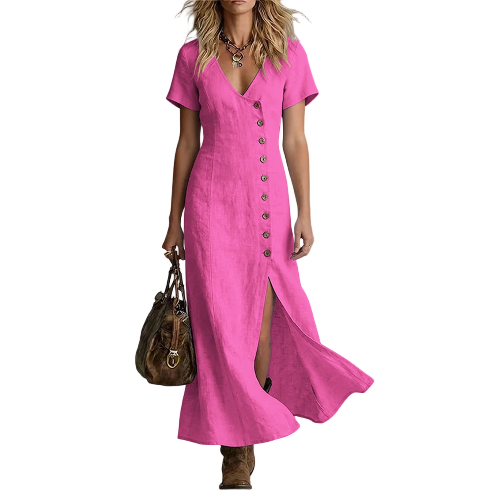 Eawtki Women's V Neck Short Sleeve Maxi Dress Side Buttons With Slit ...