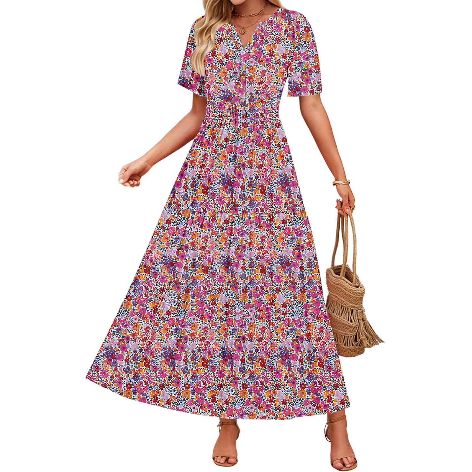 Eawtki Womens Summer Boho Maxi Dresses 2025 Floral V Neck Flowy ...