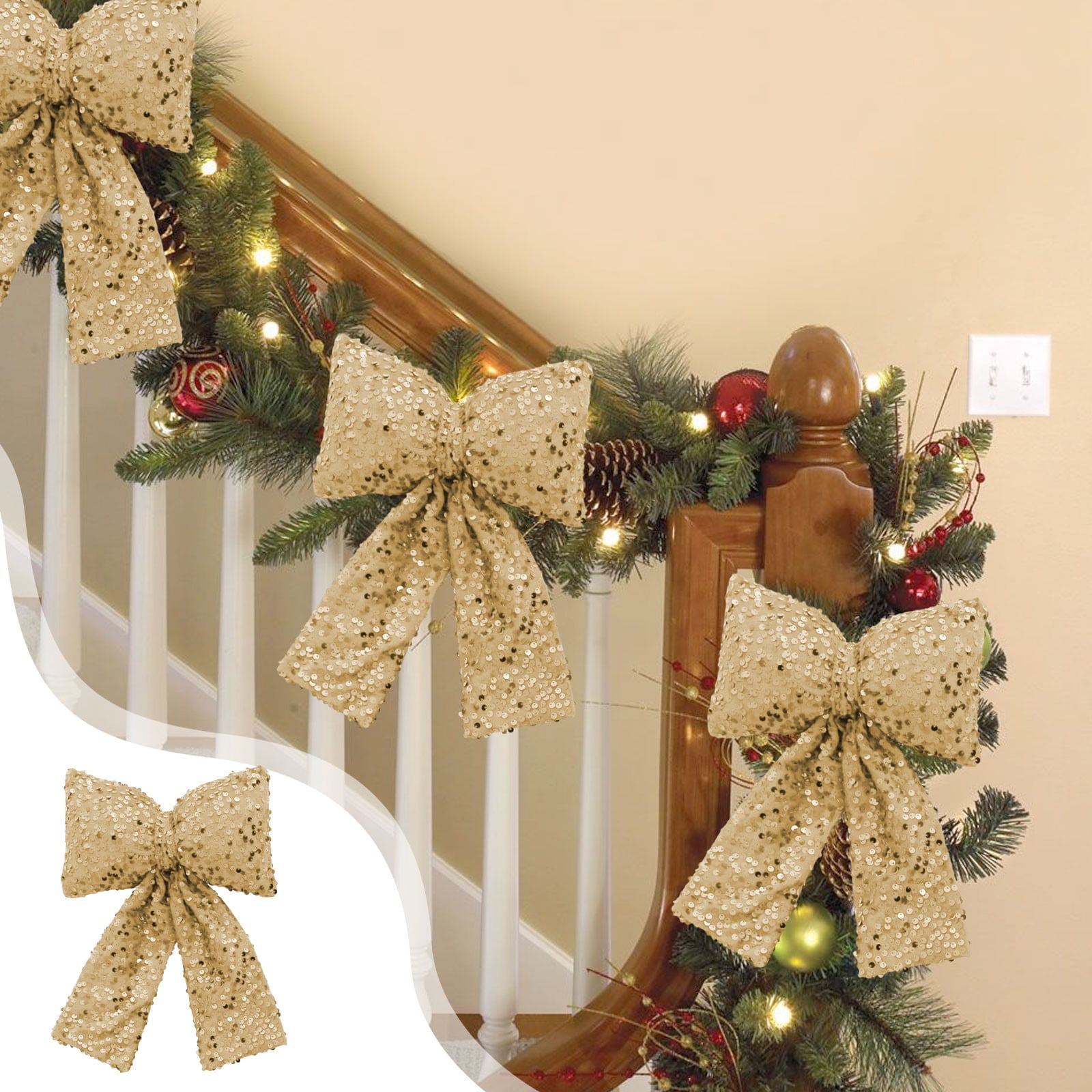 EazyTech Christmas Tree Glitter Bow Decorations,Sequined Cloth Bow ...