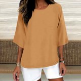 EazyTech Women's Solid Color Crew Neck 3/4 Sleeve Casual Linen Blend ...