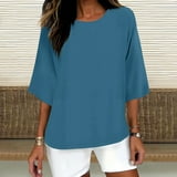 EazyTech Women's Solid Color Crew Neck 3/4 Sleeve Casual Linen Blend ...
