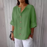 EazyTech Women's Solid Color V-Neck 3/4 Sleeve Button Up Shirt - Loose ...