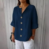 EazyTech Women's Solid Color V-Neck 3/4 Sleeve Button Up Shirt - Loose ...