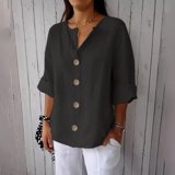 EazyTech Women's Solid Color V-Neck 3/4 Sleeve Button Up Shirt - Loose ...