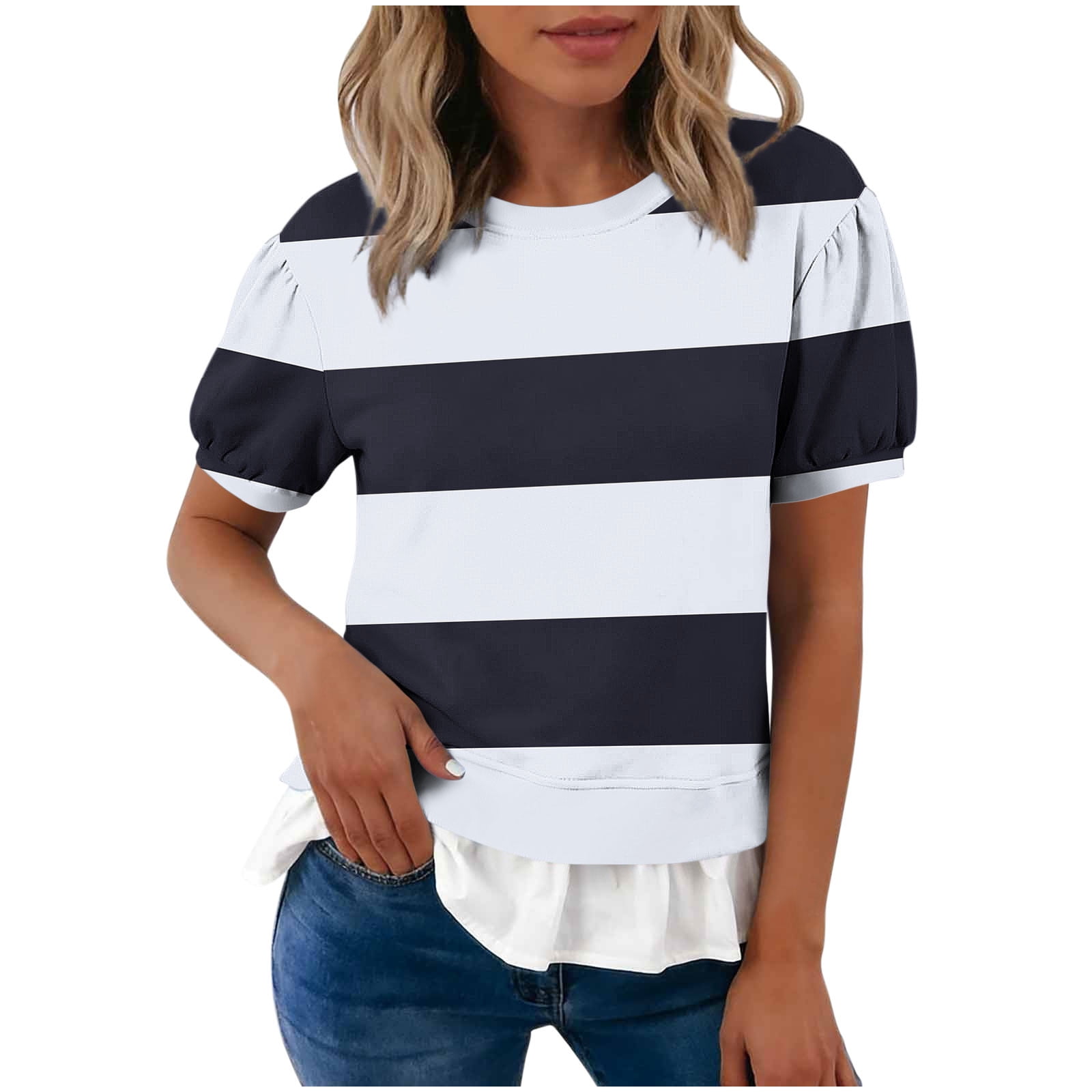 EazyTech Women's Spring Summer Casual Loose Striped Ruffle Trim Short ...