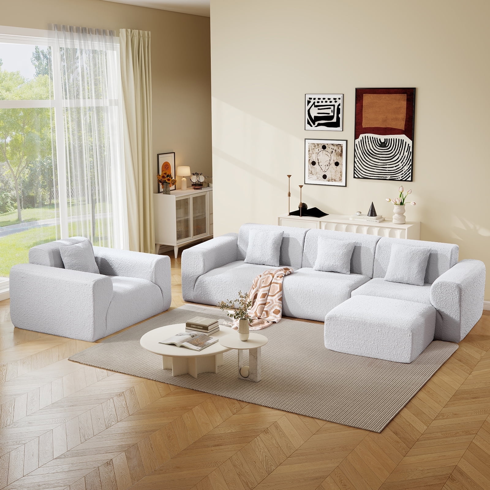Ebello Modern Cloud Modular Sofa Set, Single & 3-Seater Chenille ...