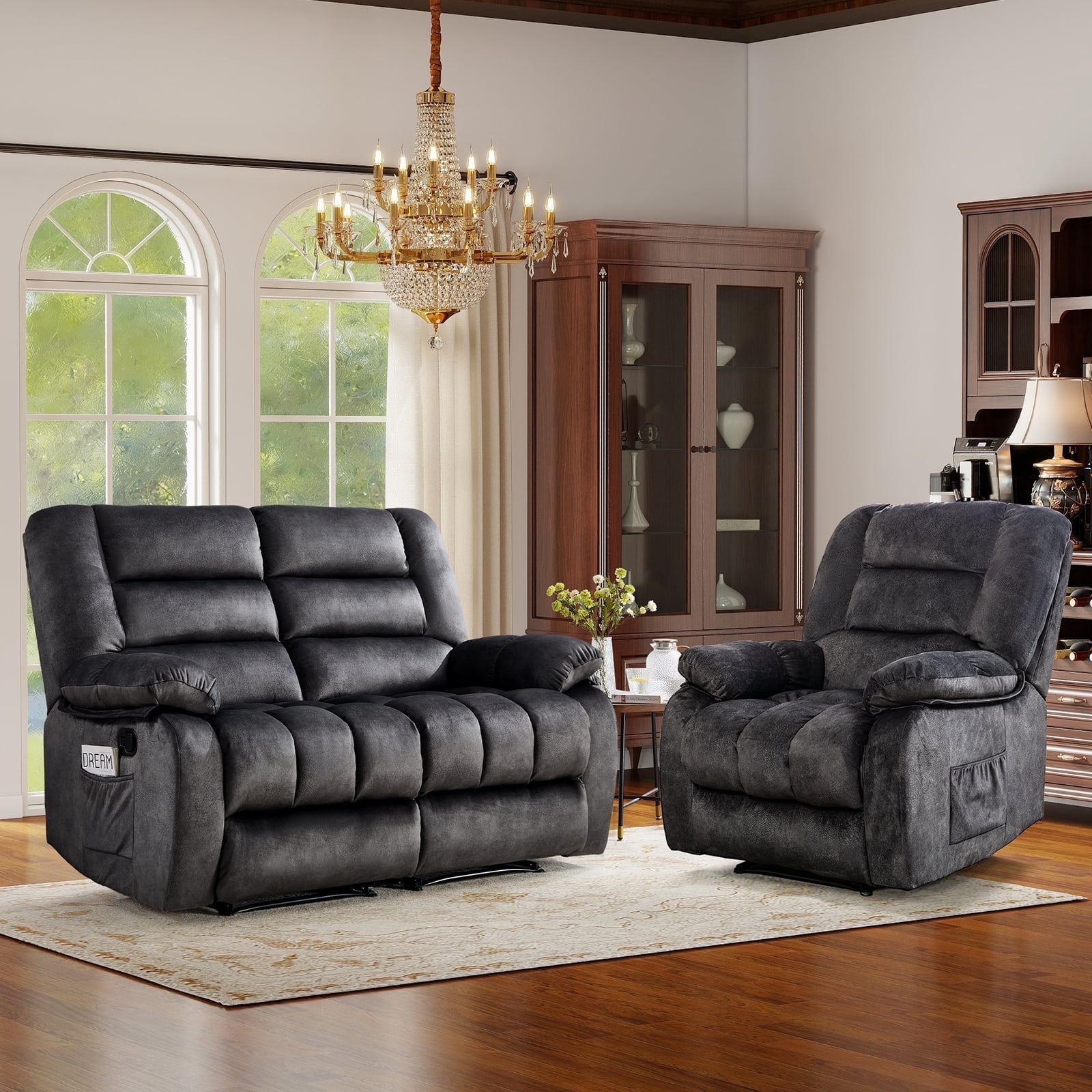 Ebello Manual Reclining Loveseat Set, Overstuffed Fabric Recliner with ...