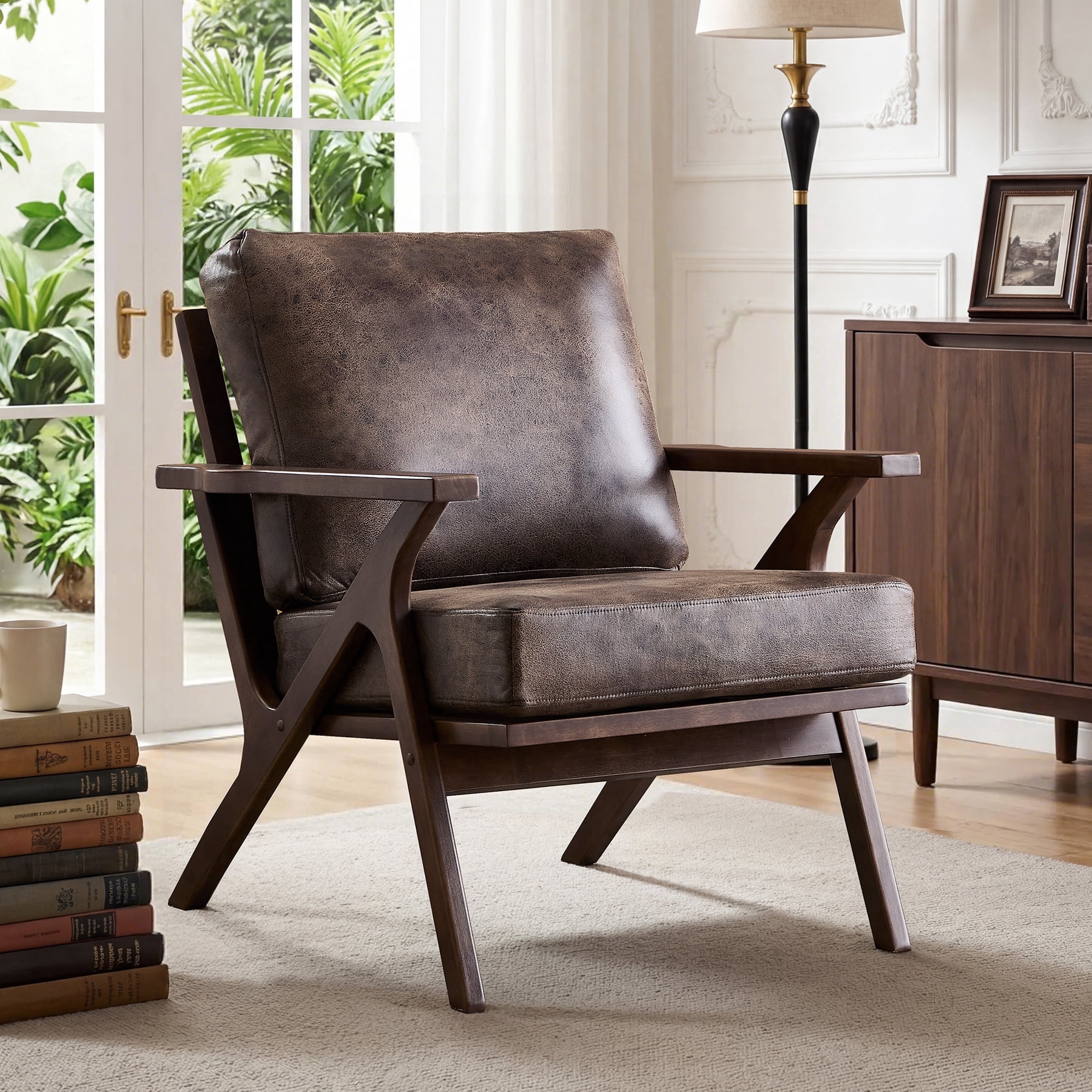 Ebello Mid-Century Modern PU Leather Accent Chair, Wood Frame Armchair ...
