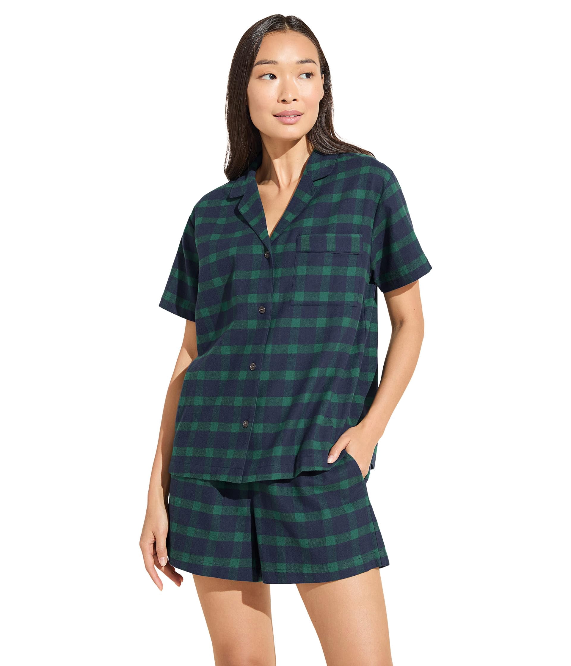 Eberjey Flannel Short PJ Set (Womens, Windowpane Plaid True Navy, XS ...