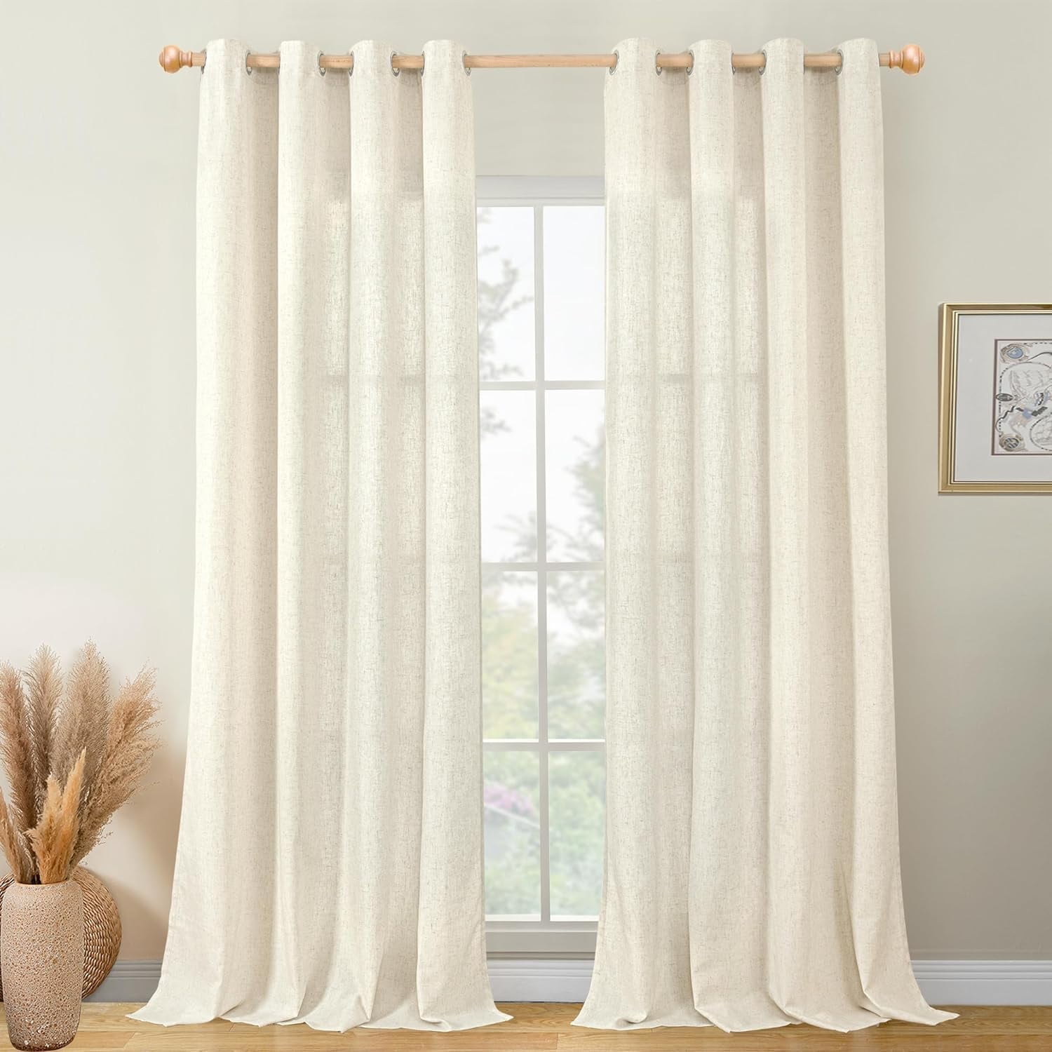PHOENIGON Thick Natural Linen Curtains Back Tab Light Filtering Window ...