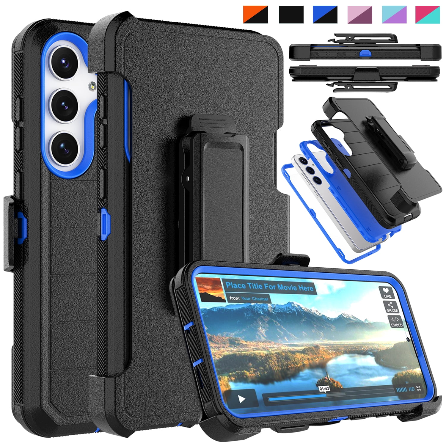 Ebizware for Samsung Galaxy S24 Phone Case, Case with [Built-in Screen Protector] Holster Belt ...