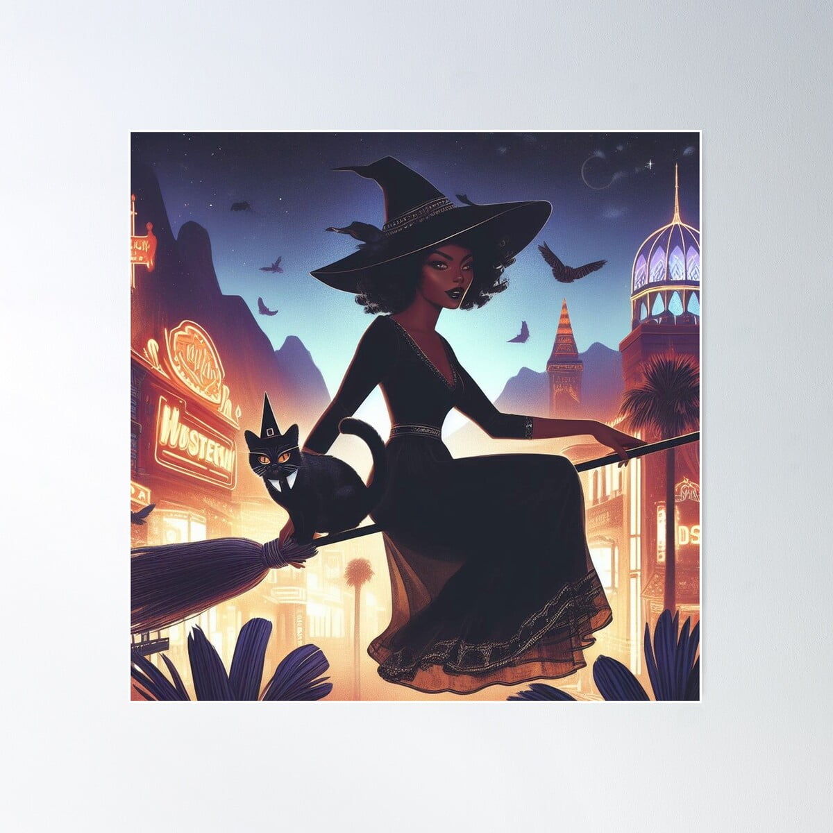 Ebony Witch Flying On Broomstick With Tuxedo Cat 0916 Poster Wall Art ...