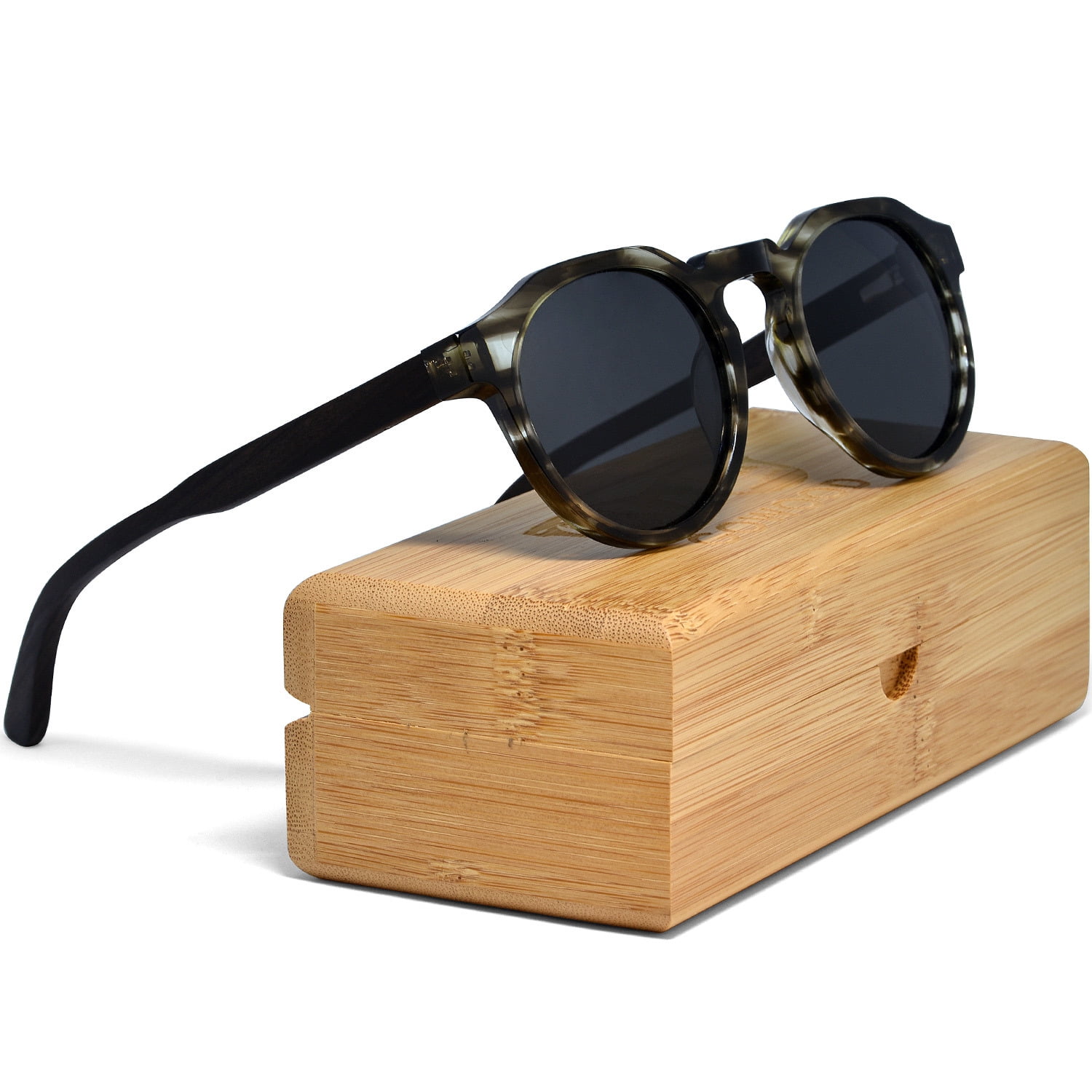 Ebony wood panto sunglasses with smog frame and black polarized lenses ...