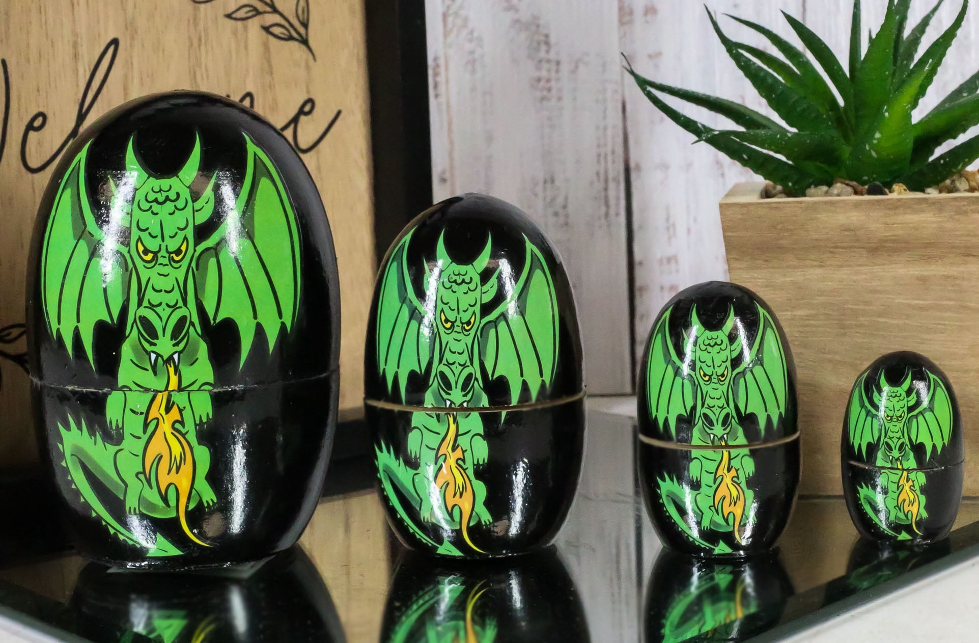 Ebros 5 Piece Set Green Fiery Dragon Nesting Dolls Matroyshka Wooden ...