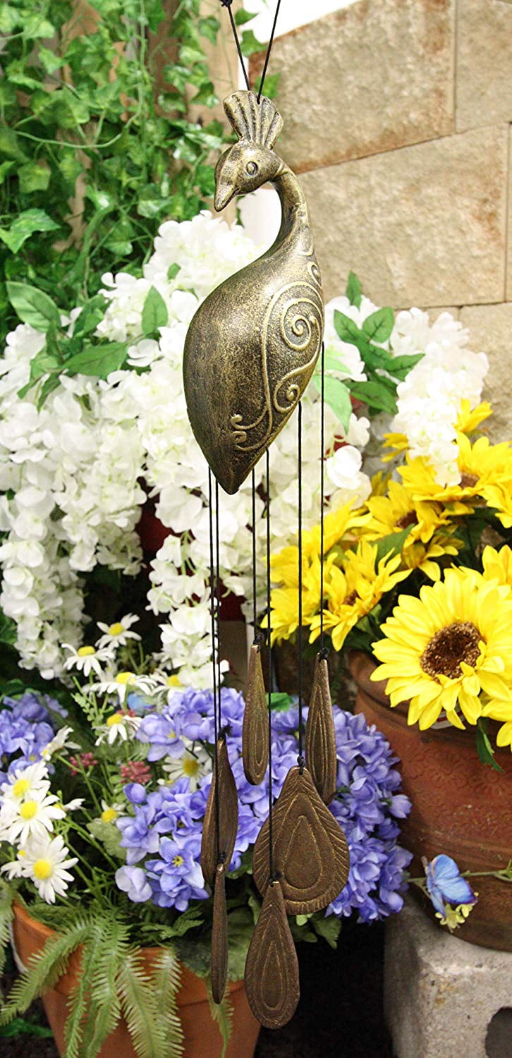 Ebros Aluminum and Brass Peacock Bird with Train Feathers Ornaments ...