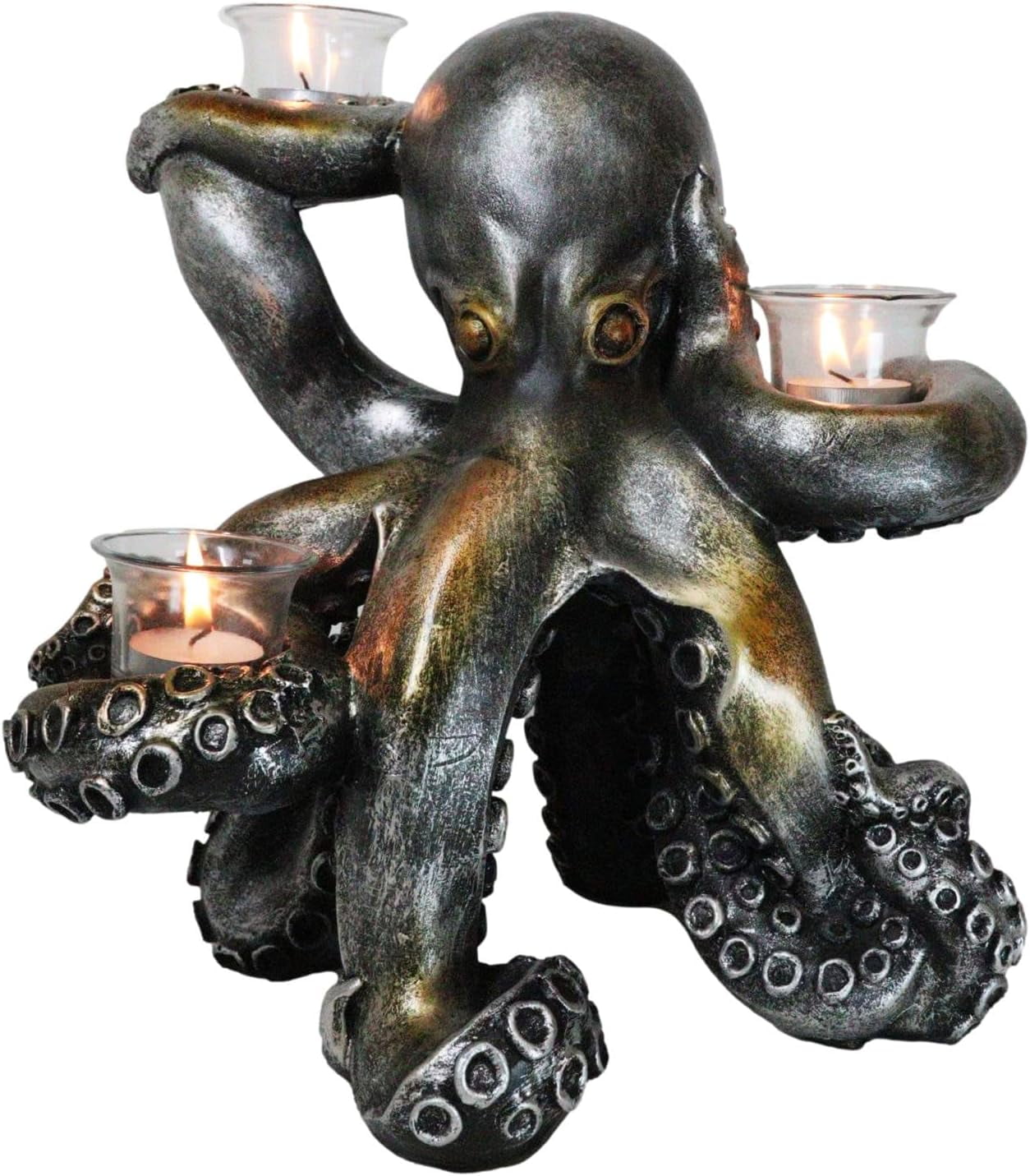 Ebros Antiqued Silver Bronze Finish Deep Ocean Octopus Candle Holder ...