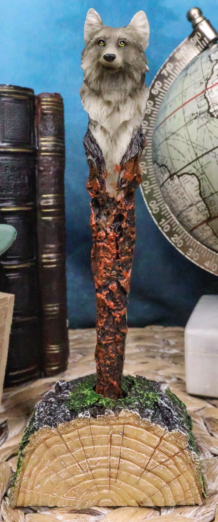 Ebros Celtic Alpha Wolf Hand Painted Pen with Rustic Tree Bark Holder ...