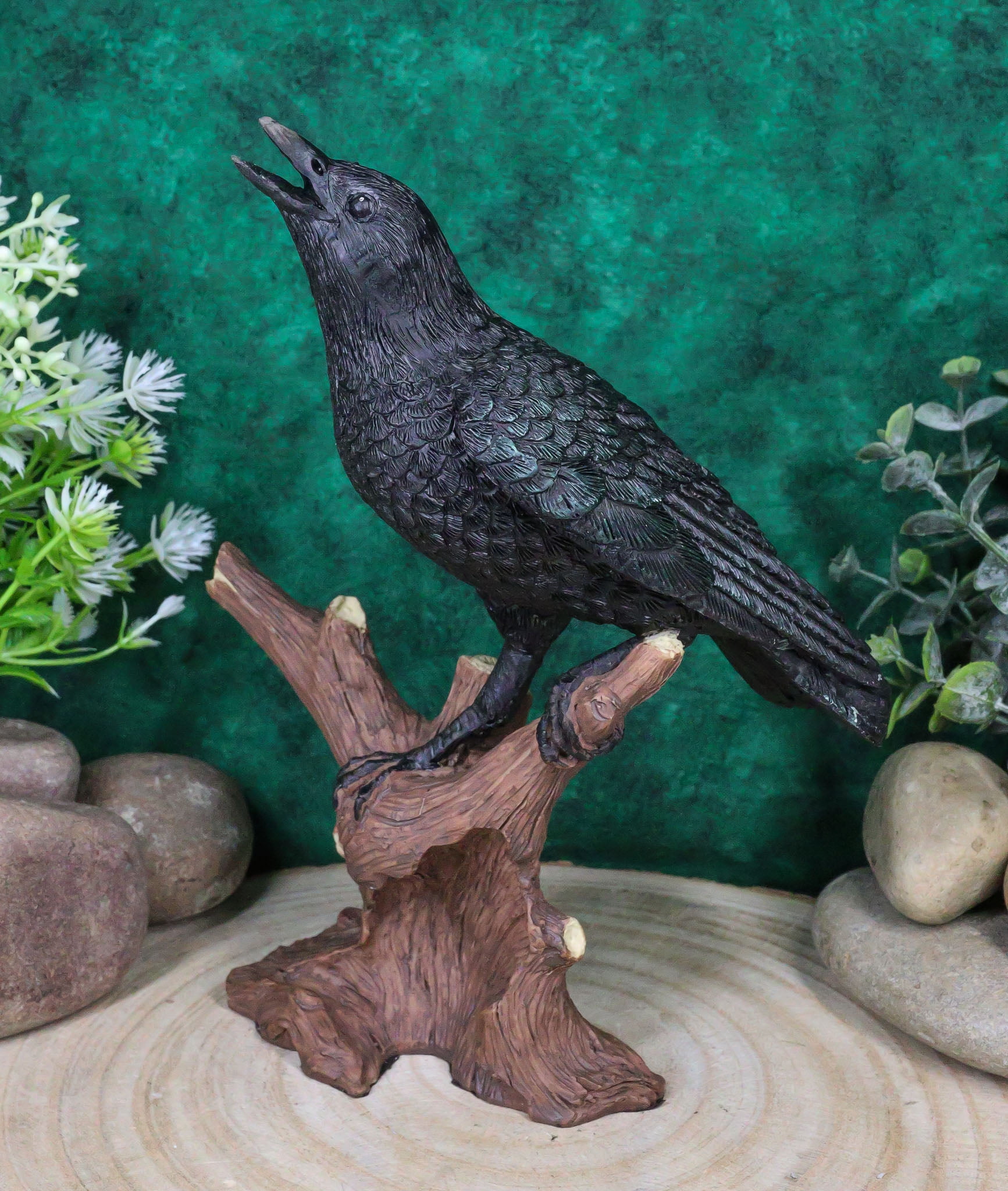 Ebros Crowing Raven Perched On Tree Branch 8.25" Tall Scavenger Bird ...