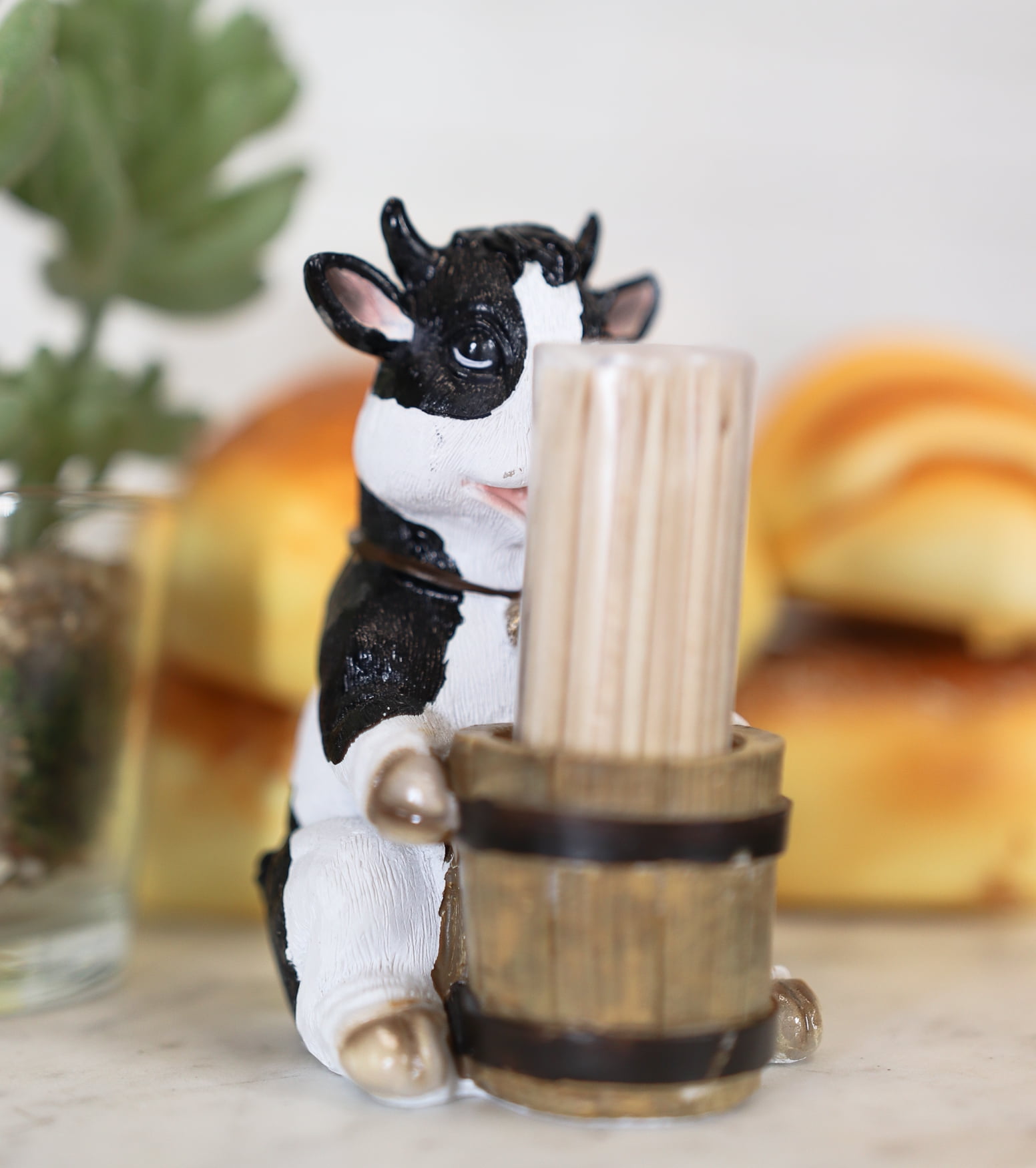 Ebros Farm Bovine Holstein Cow By Wood Barrel Toothpick Holder With ...