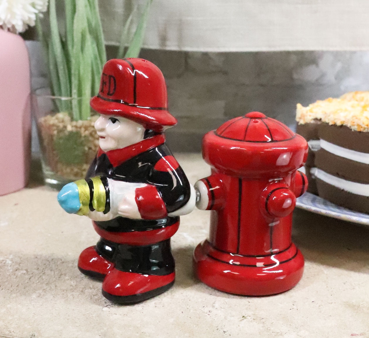 Ebros Fireman Fighter W/ Hose By Red Fire Hydrant Ceramic Salt & Pepper ...