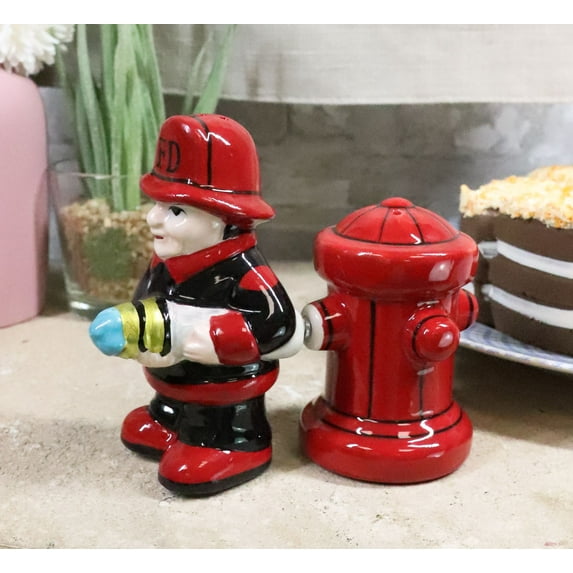 Ebros Fireman Fighter W/ Hose By Red Fire Hydrant Ceramic Salt & Pepper ...