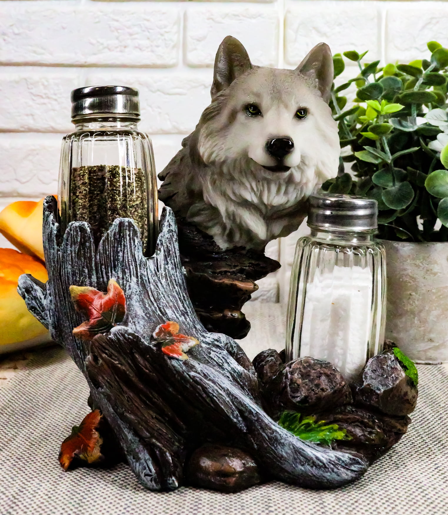 Ebros Full Moon Lone Alpha Gray Wolf Glass Salt & Pepper Shakers Holder ...