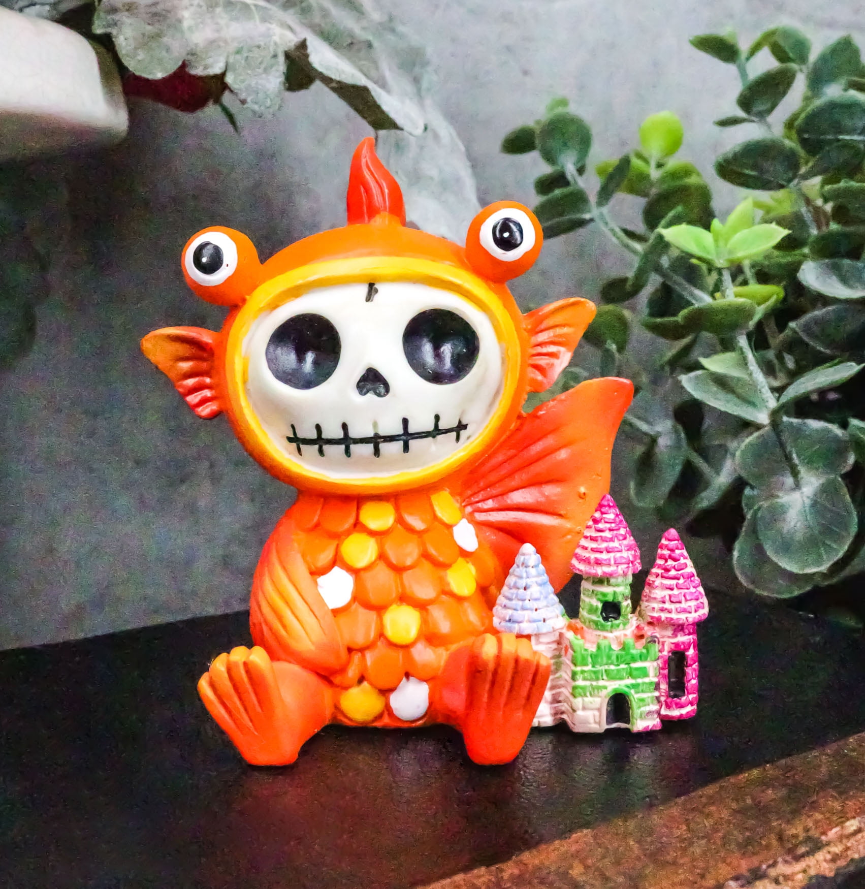 Ebros Furrybones Goldfish Fish With Rainbow Sea Castle Skeleton Statue ...
