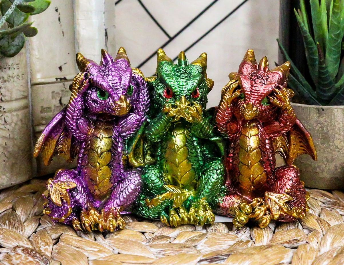 "Ebros Metallic Three Wise Baby Dragons - See, Hear, Speak No Evil, 3.5 ...