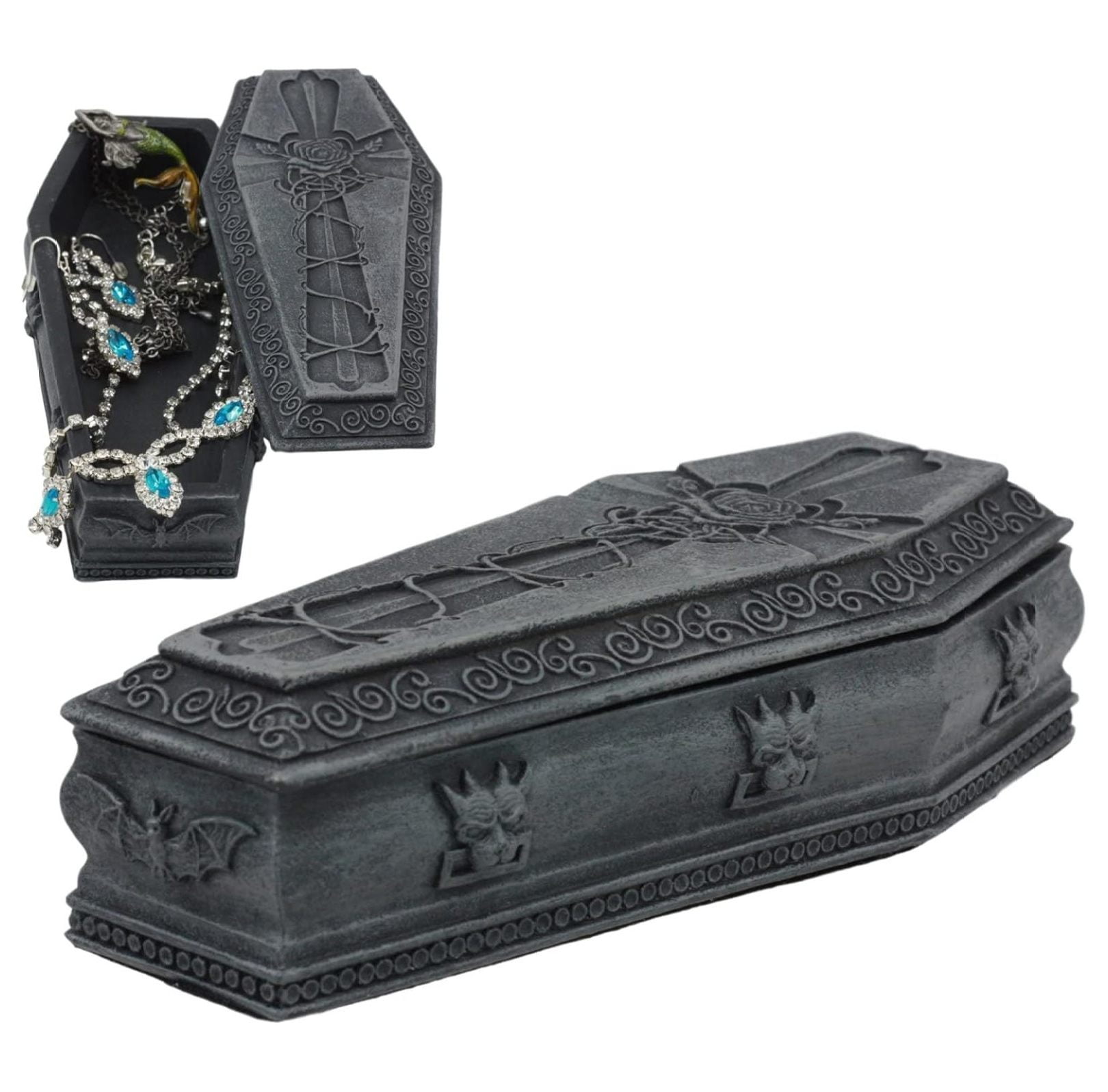 Ebros Gothic Gargoyle With Twisted Rose Vine Cross Coffin Jewelry Box ...