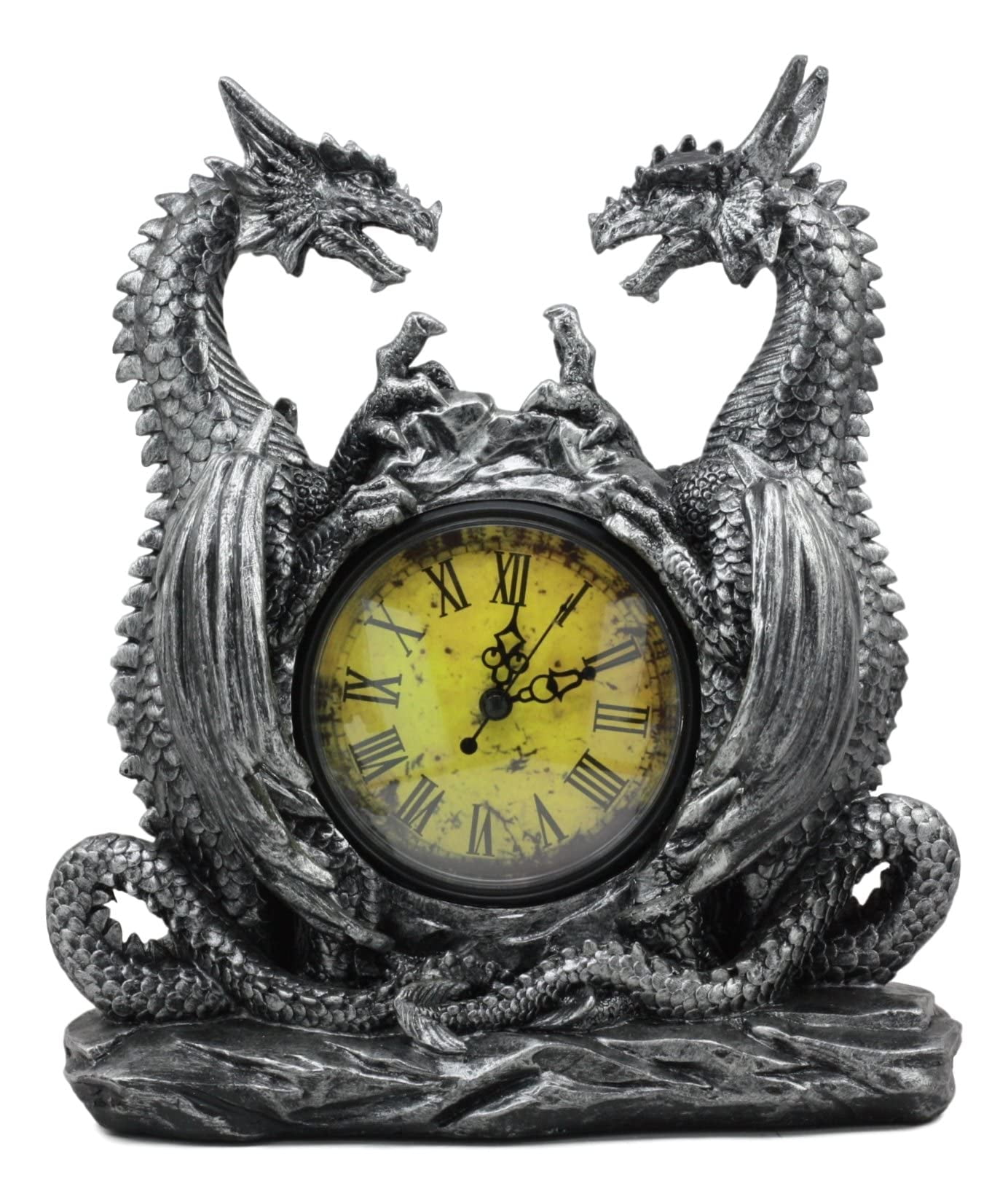 Ebros Gothic Twin Dragons Table Clock Statue 11.25" Tall with Roman Numerals in Metallic Look ...