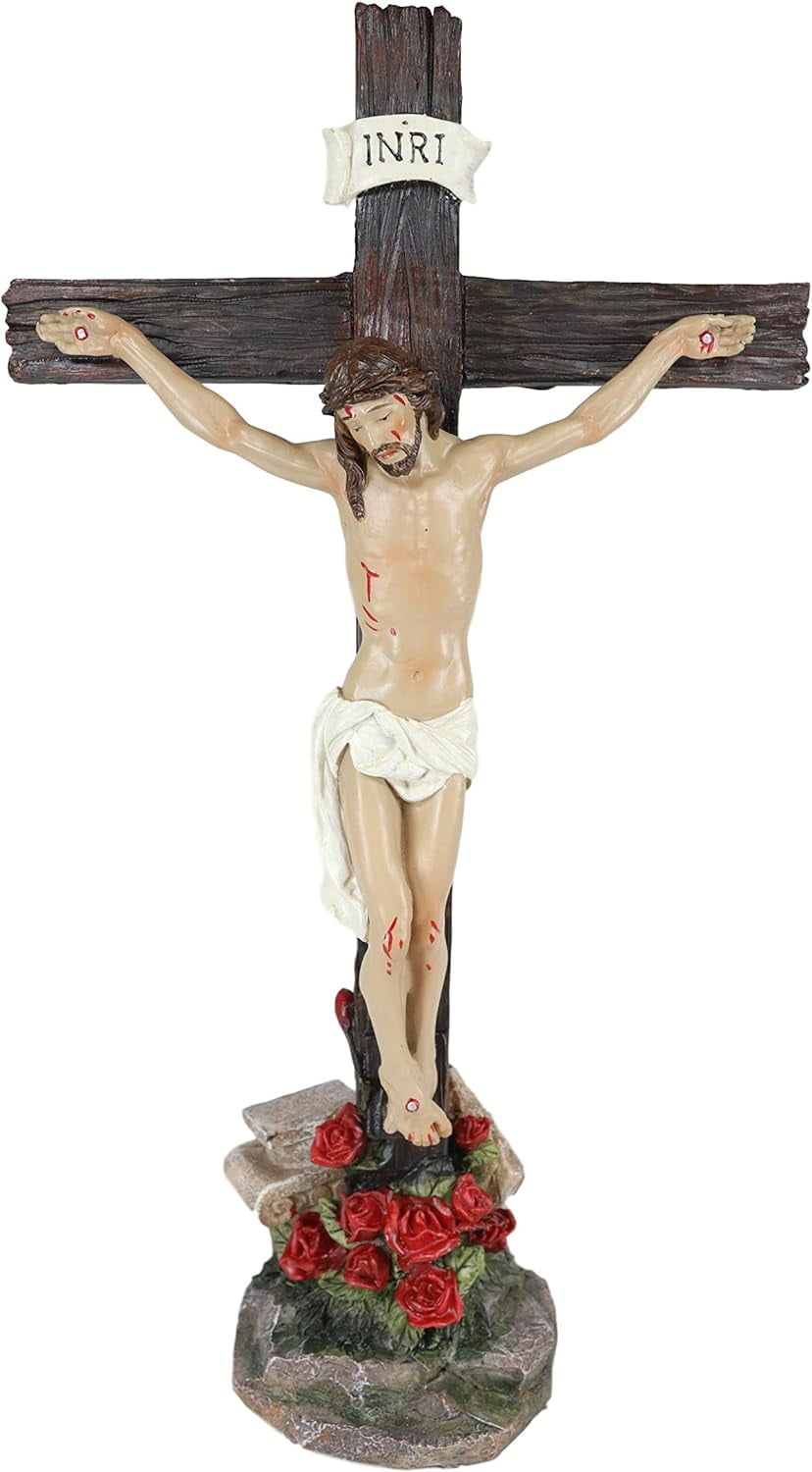 Ebros INRI Jesus Christ Crucified On The Cross With Solemn Rose of Sharon Base Decorative ...