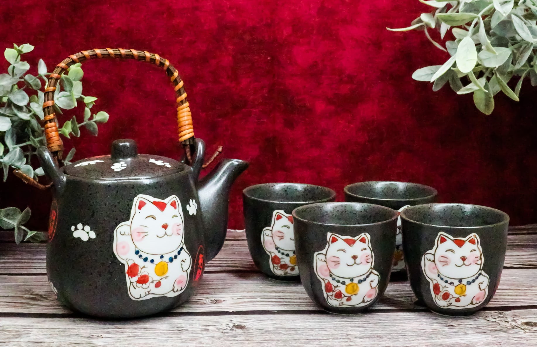 Ebros Japanese Maneki Neko Cat Black Tea Set Pot and Cups Serves 4 ...