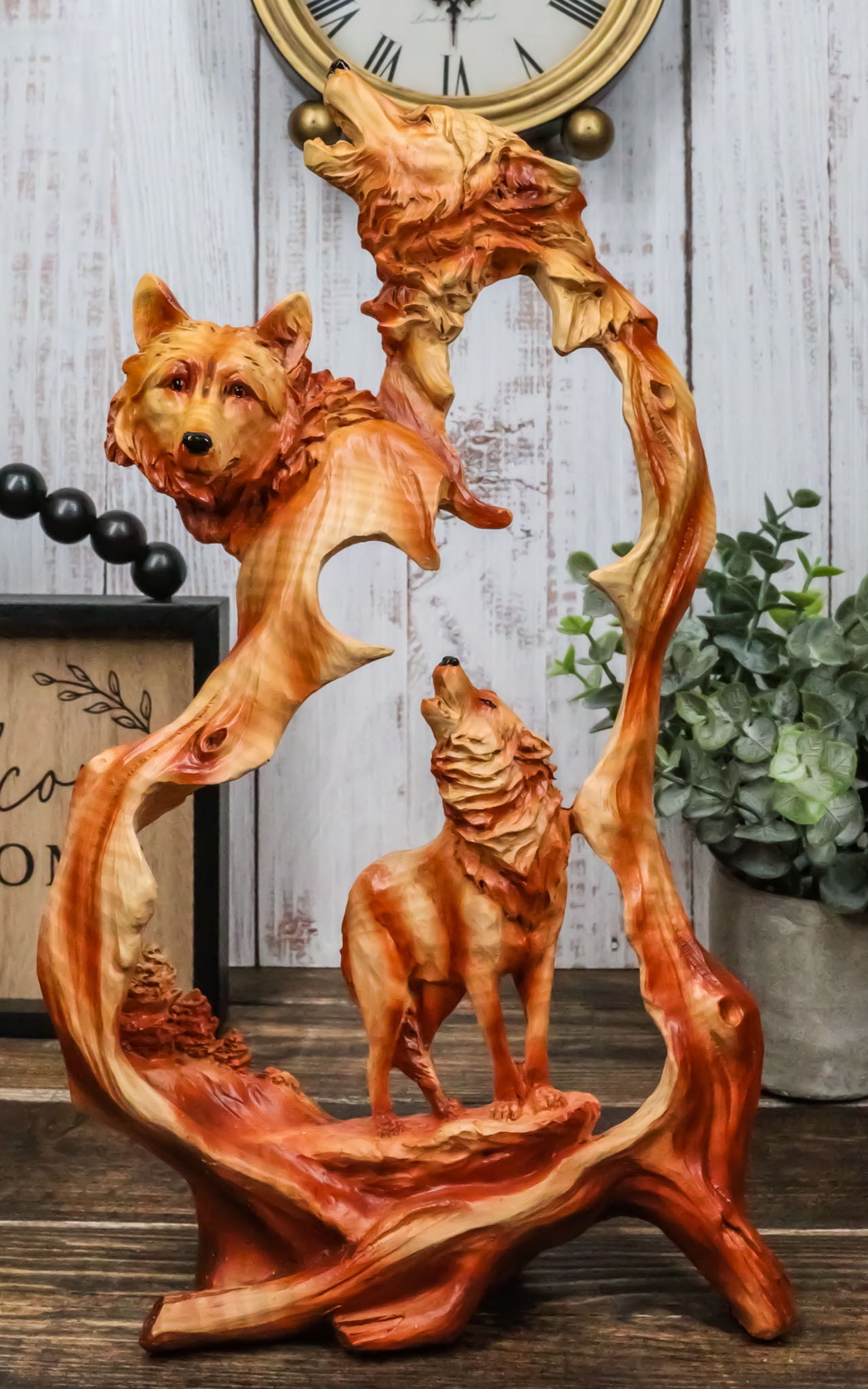 Ebros Large Rustic Faux Wood Wildlife Scene Howling Wolf Pack Figurine ...