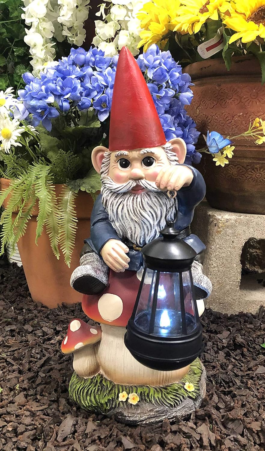 Ebros Large Whimsical Big Eyed Mr Gnome Sitting On Giant Toadstool ...