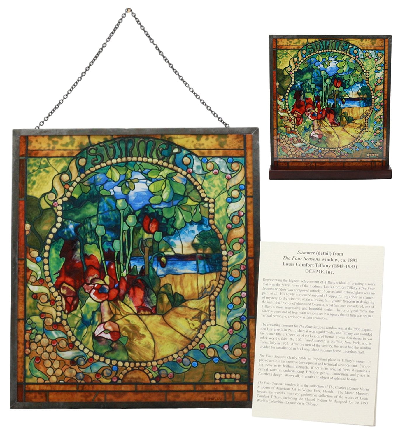 Ebros Louis Comfort Tiffany Summer Stained Glass Panel, Wooden Base ...