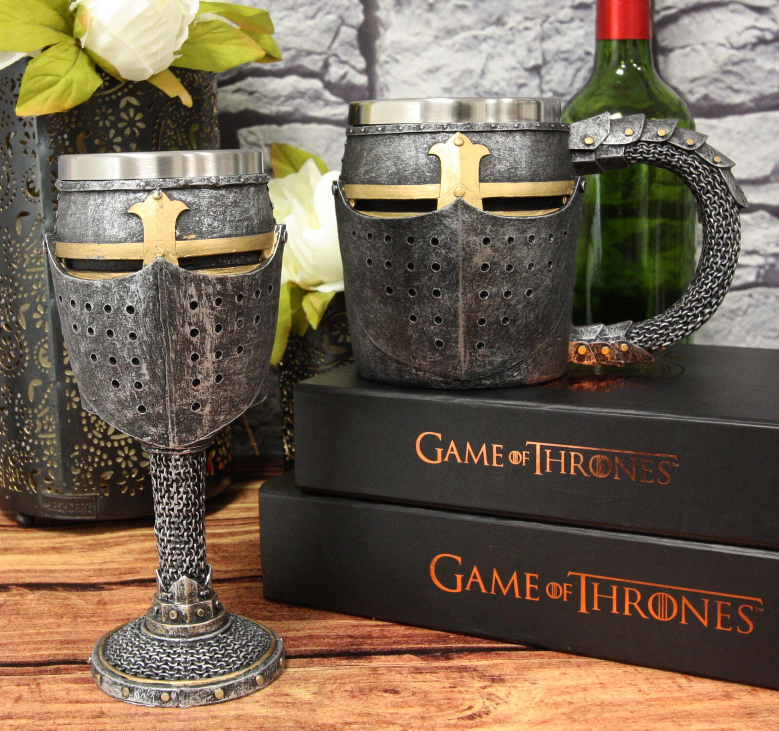 Ebros Medieval Knight Suit of Armor Helm Drinkware Set of 2 Wine Goblet ...