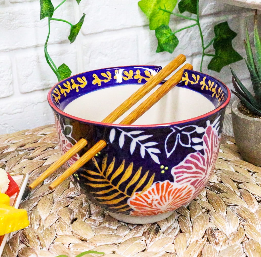 Ebros Pack Of 2 Leaves & Flowers Ramen Noodles Soup Bowl W/ Bamboo ...