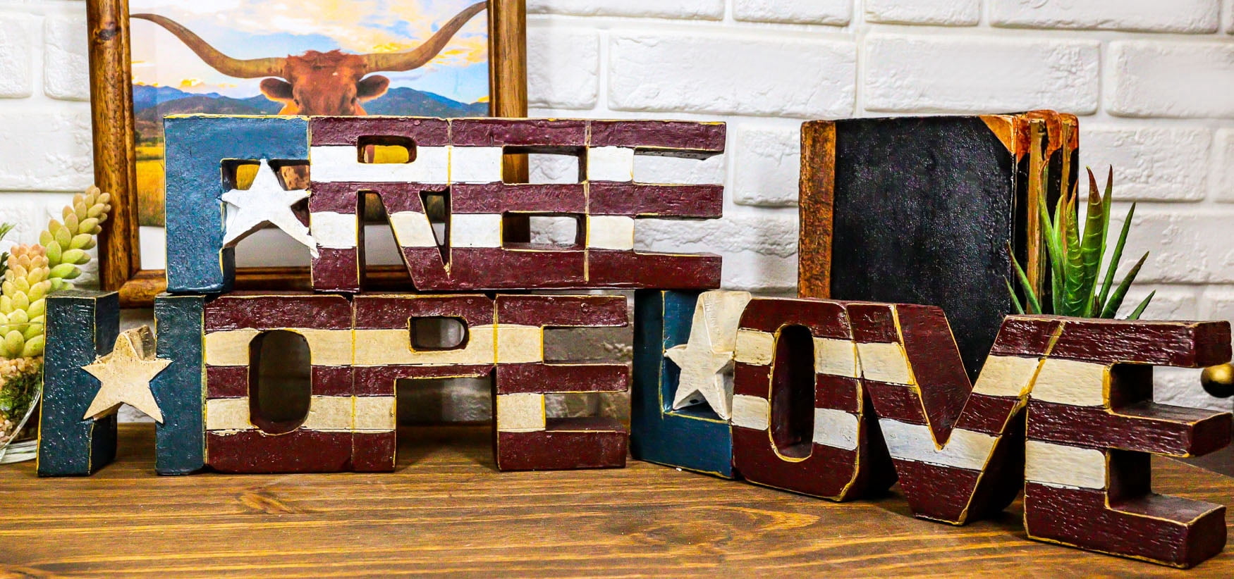Ebros Pack of 3 USA Patriot Flag 'Free Hope Love' Word Art Desktop Sign ...