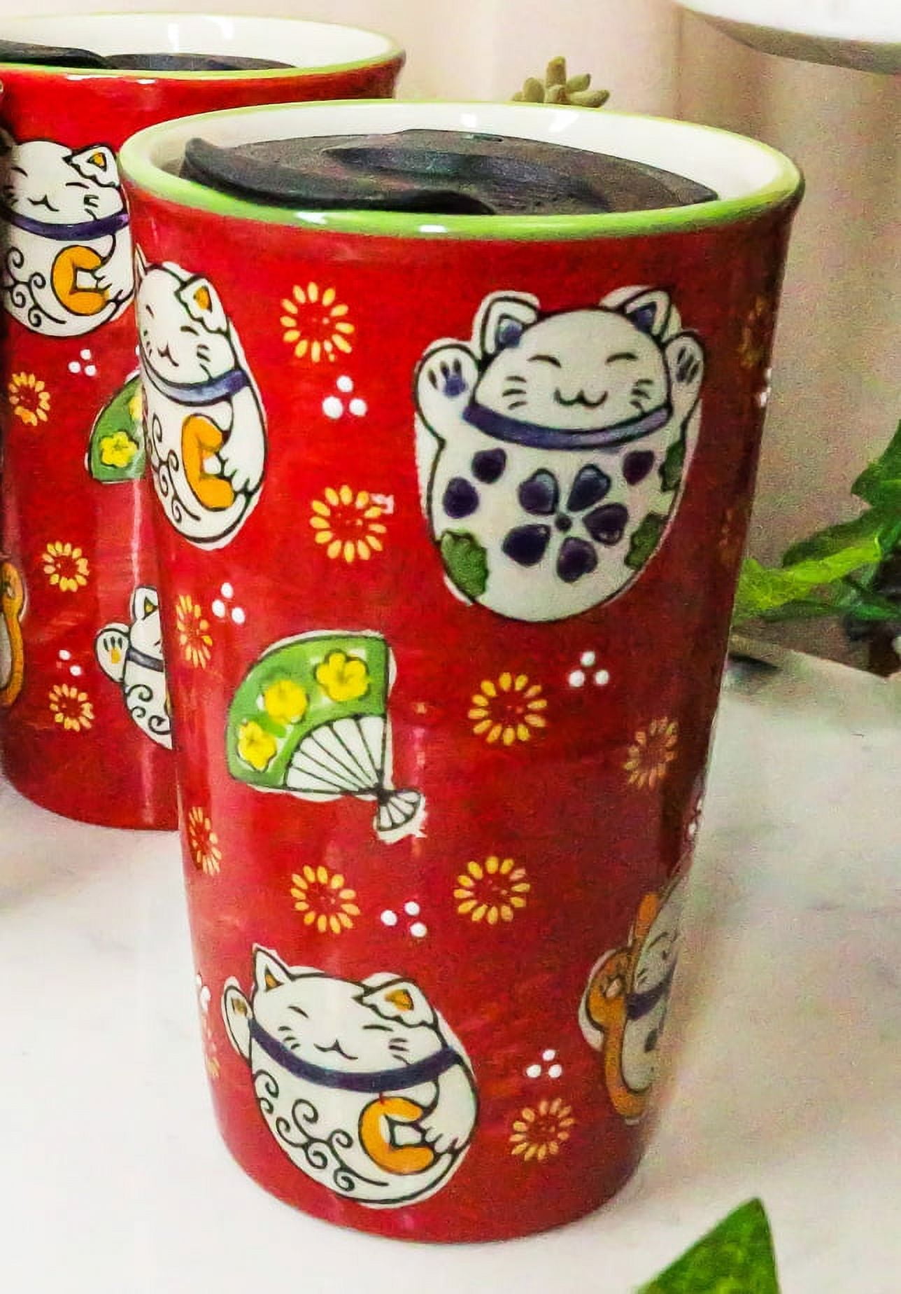 Ebros Red Maneki Neko Lucky Cat Ceramic Travel Mug Cup 12oz With Lid ...
