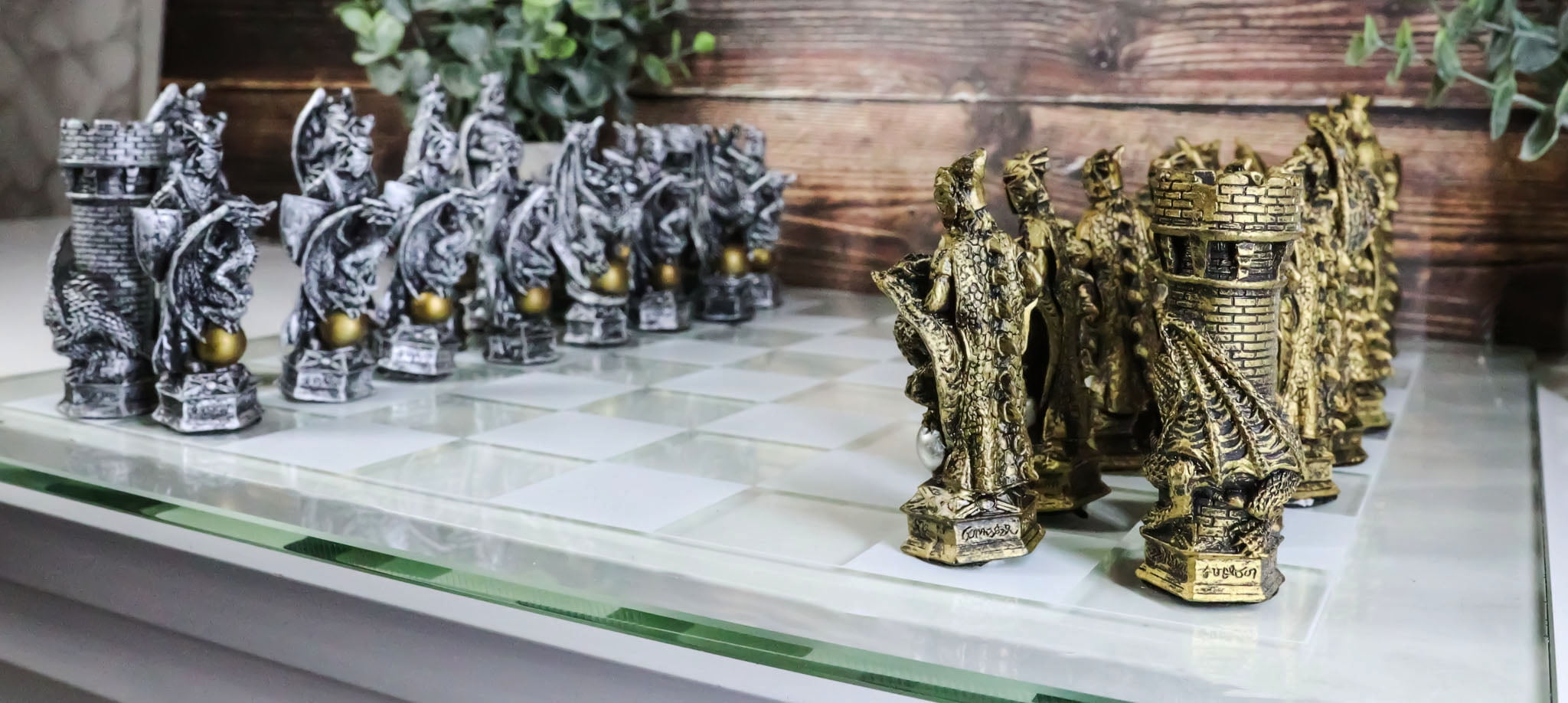 Ebros Silver and Gold King Arthur Merlin Dragons Chess Pieces with ...