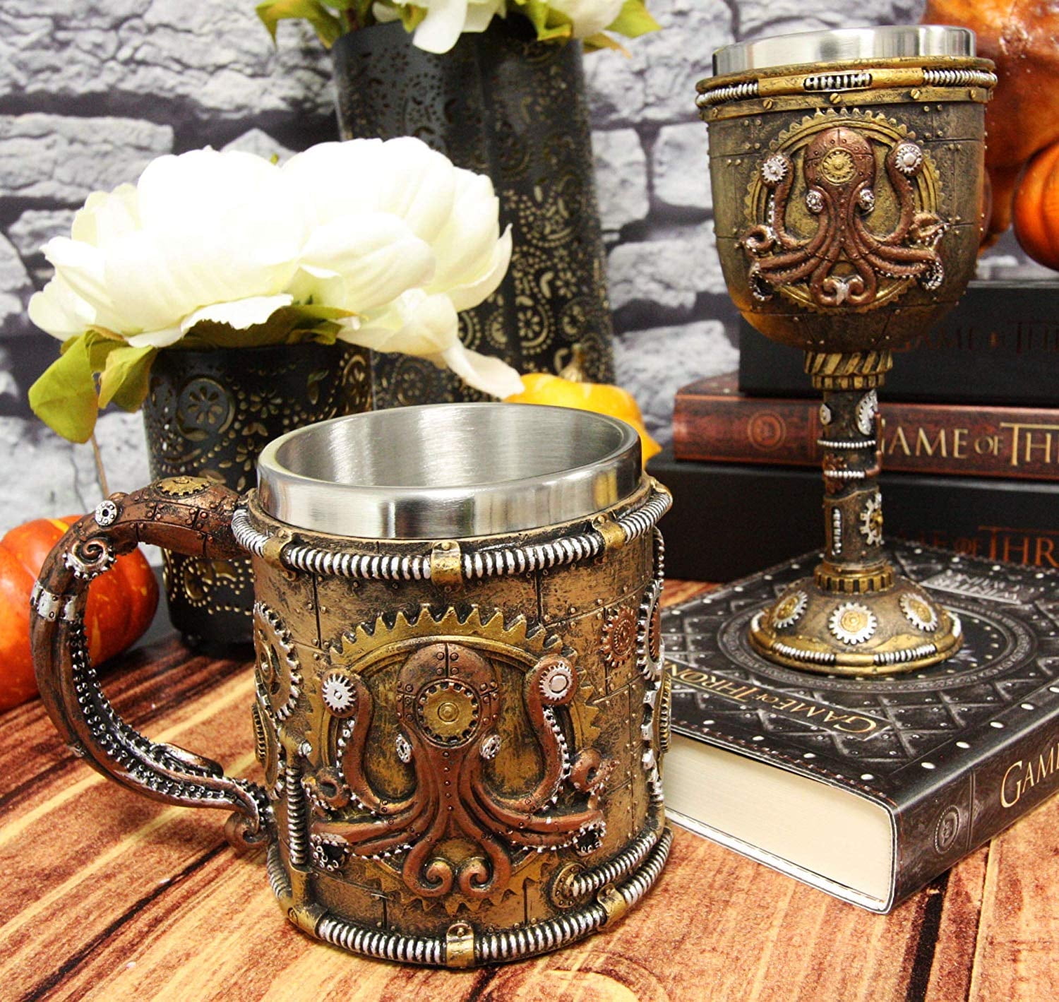 Ebros Steampunk Kraken Octopus Cyborg Drinkware Wine Goblet And Mug Set ...