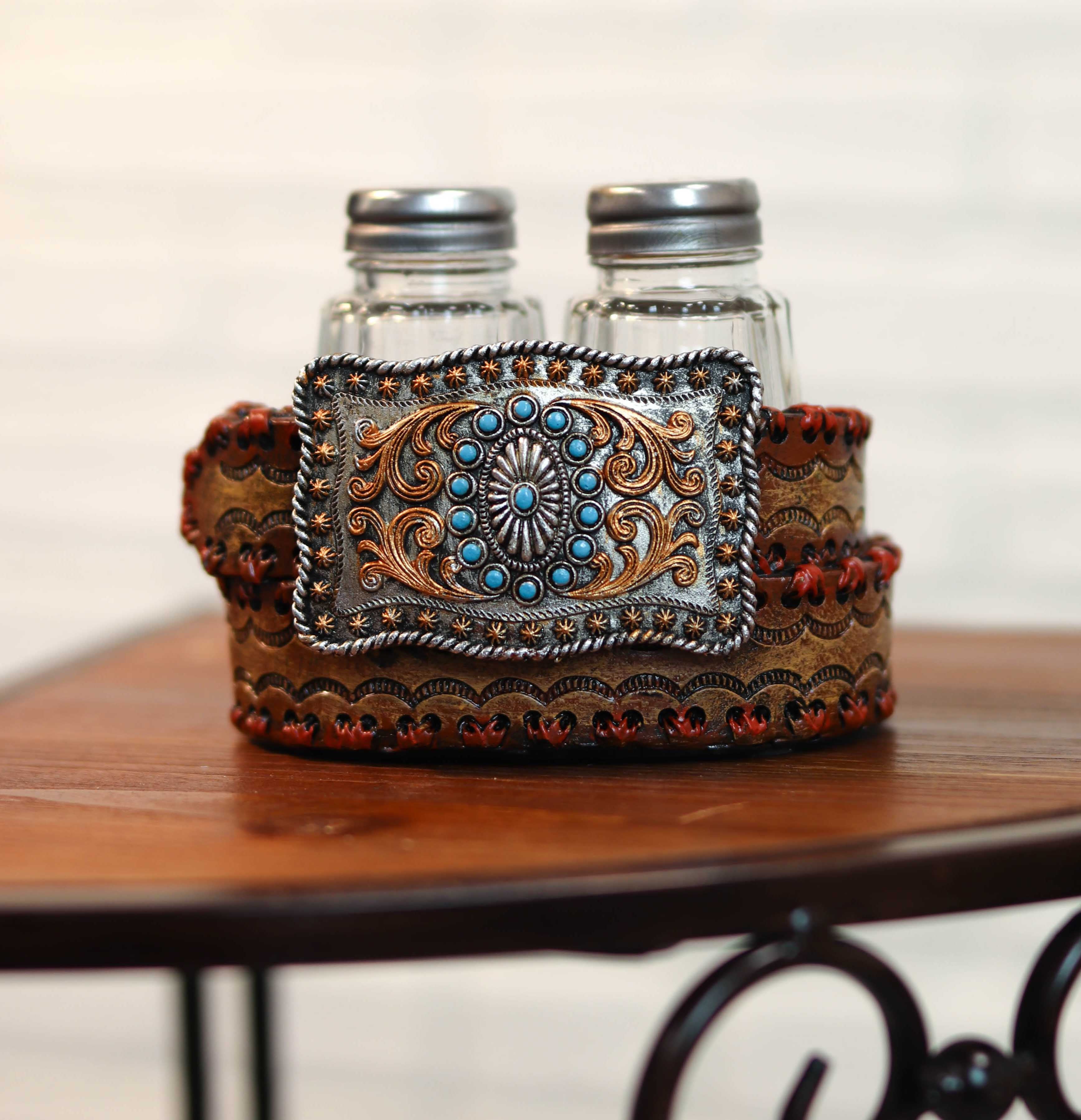 Ebros Western Turquoise Sun & Floral Lace On Belt Buckle Salt Pepper ...