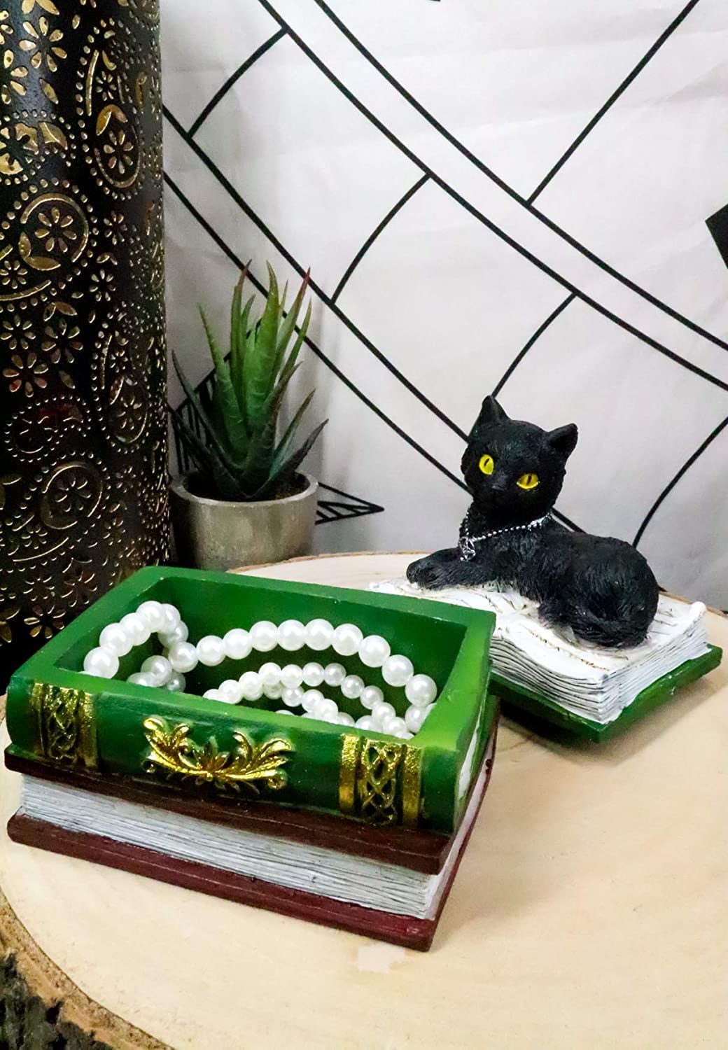 Ebros Wiccan Black Cat Pentagram Star Green Book Of Spells Box Figurine ...