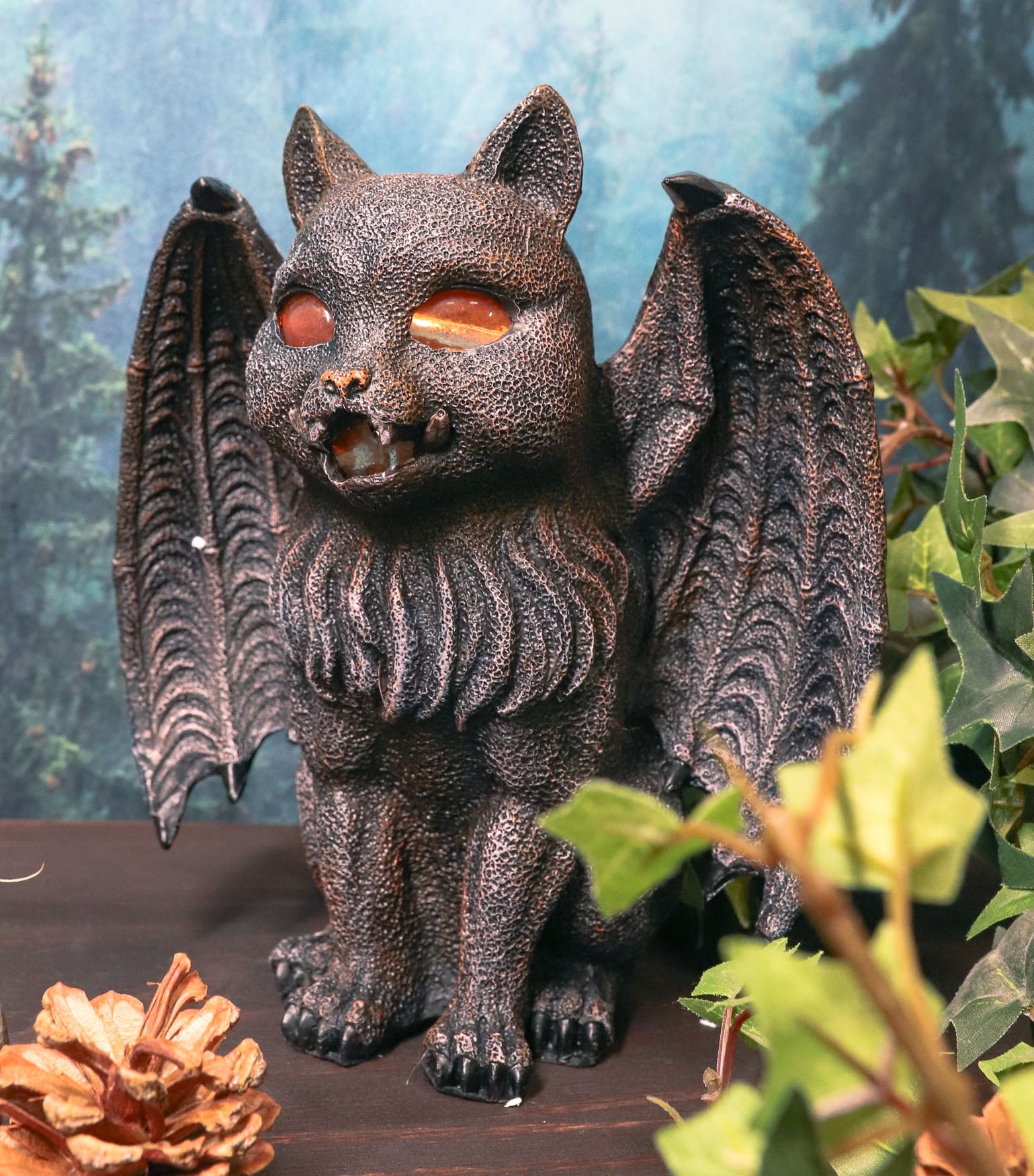 Ebros Winged Cat Gargoyle With Vampire Fangs Glowing Eyes Candle Holder ...