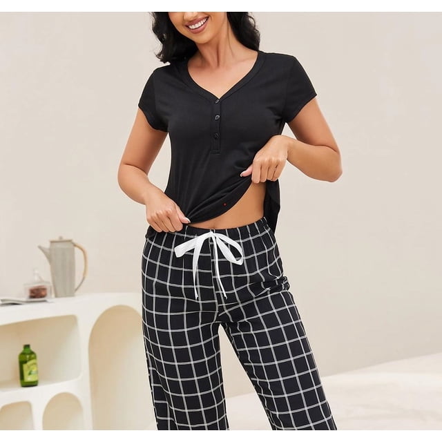 Ebukurty Lounge Sets Black Pajama Sets for Women 2 Piece Set Short ...