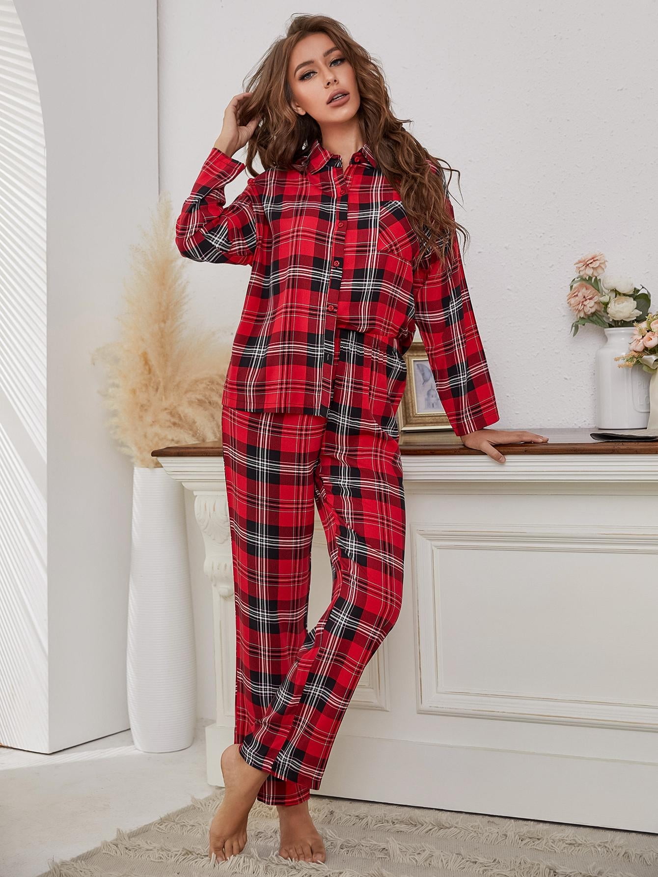 Ebukurty Lounge Sets Red Plaid Button Pajamas Set for Women 2 Piece ...