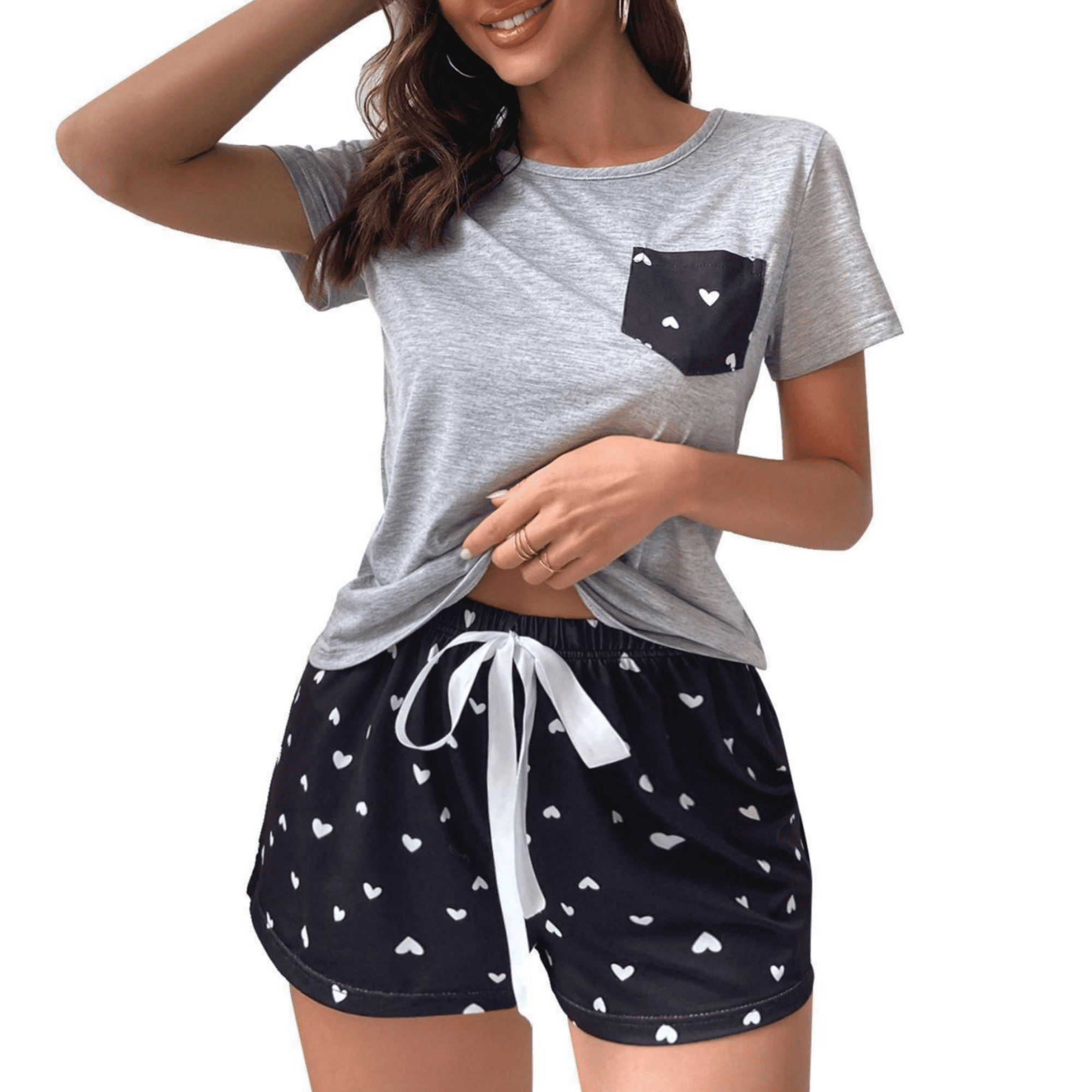 Ebukurty Pajama Sets for Women 2 Piece Short Sleeve Gray Women's Casual ...