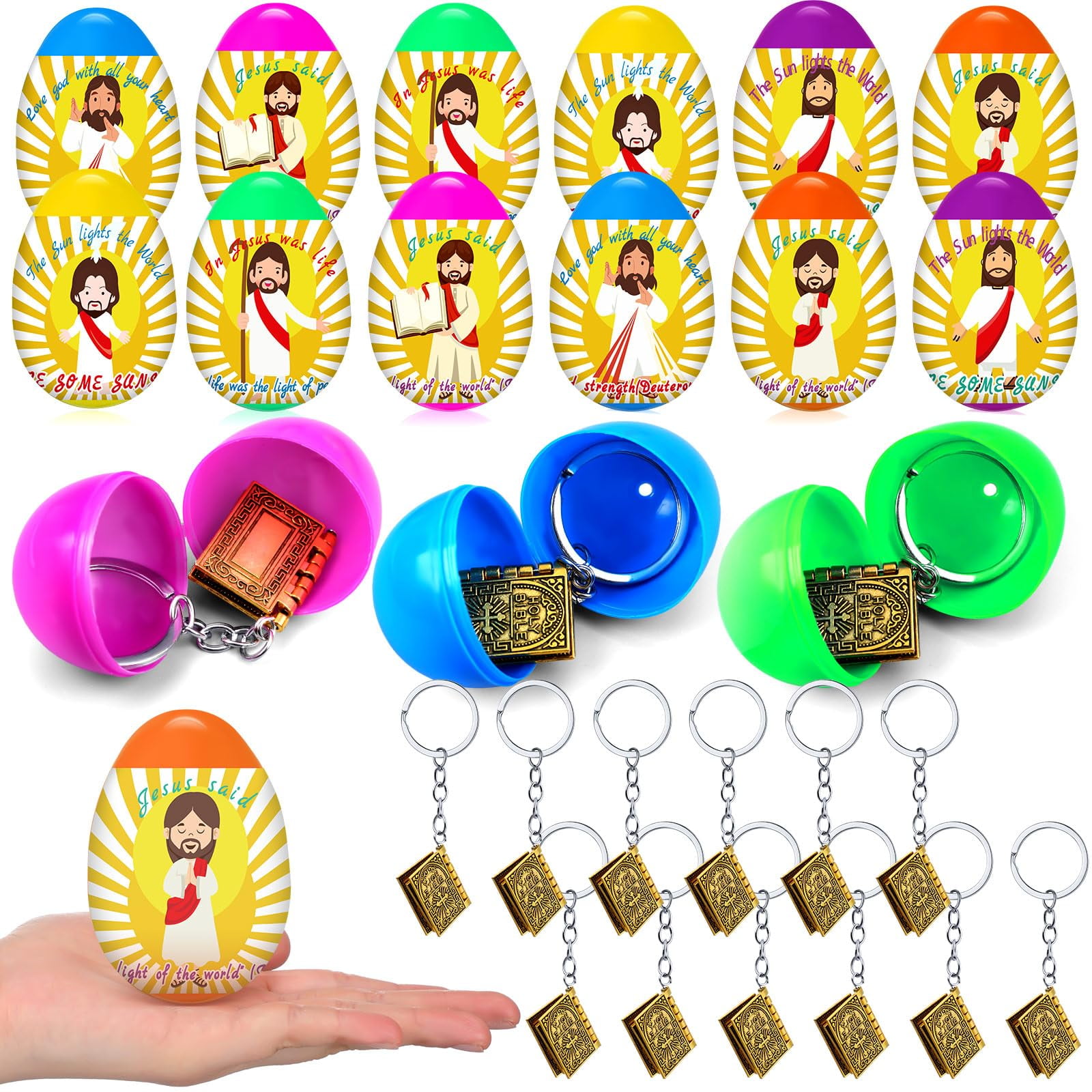 Ecation 12 Set Prefilled Easter Eggs with Gold Mini Bible Keychain ...