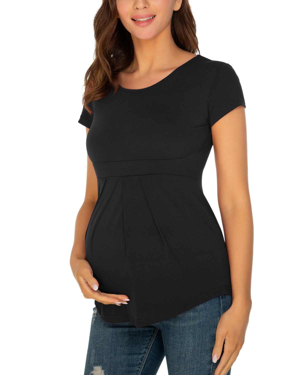 Ecavus Maternity Tops Short Sleeves Pregnancy Tunic for Women Black S ...