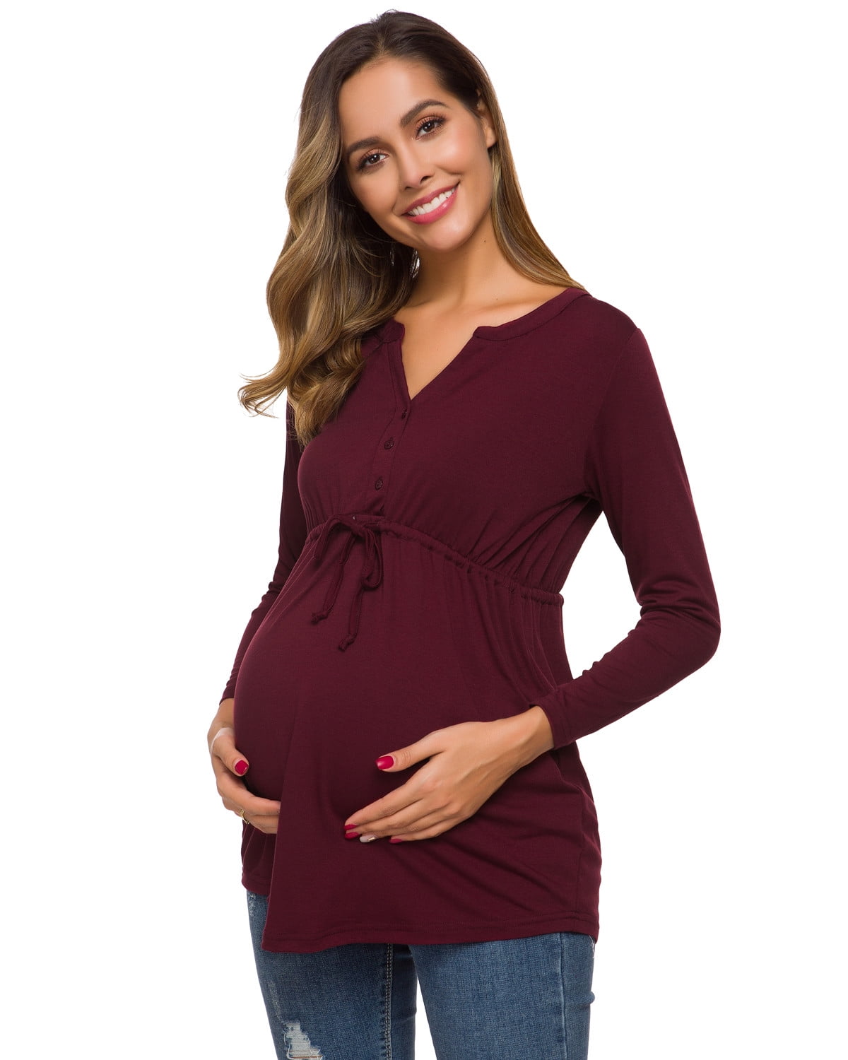 Ecavus Women's Maternity Tops Shirts Long Sleeve V Neck Pregnancy ...